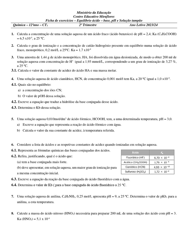 Ficha de Exercicio Qu Mica 12 Ano Equilibrio Cido Base e Solu o Tamp o 2 T 23 24 | PDF | Ácido ...