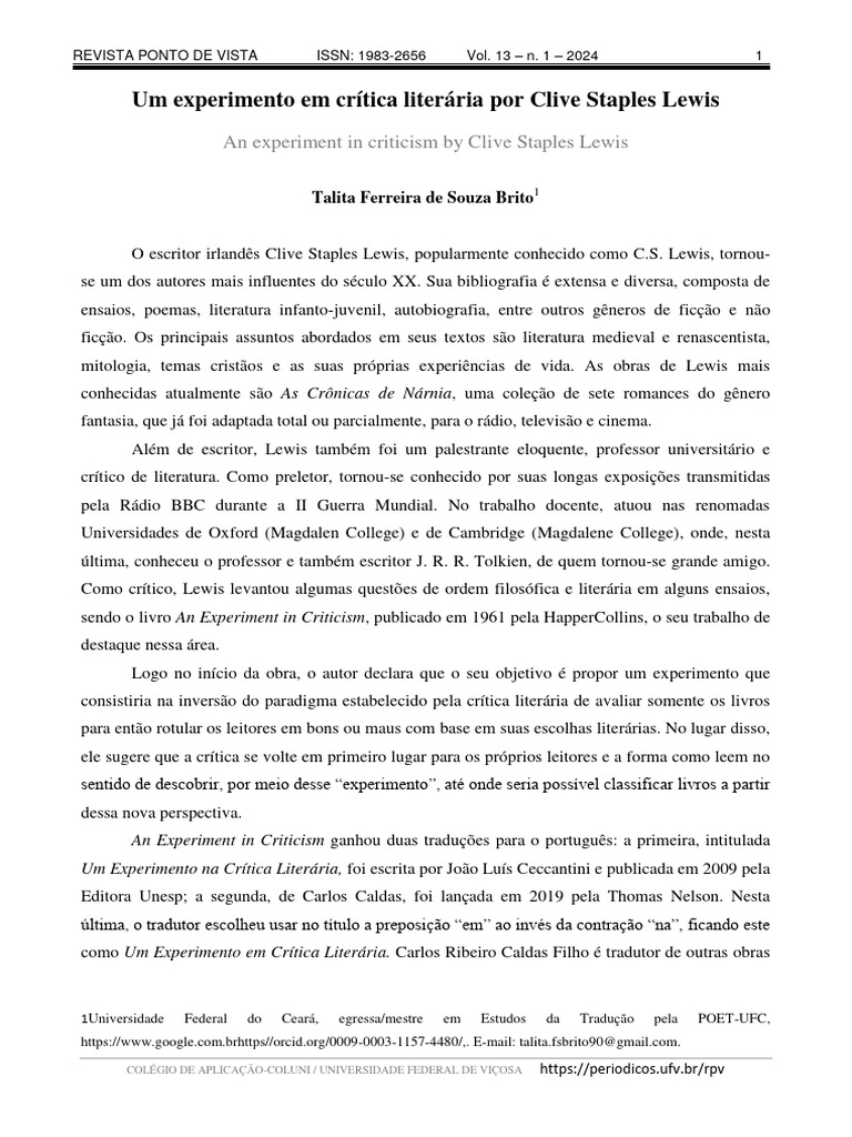 RES Um Experimento em Crítica Literária | PDF | CS Lewis | Crítica