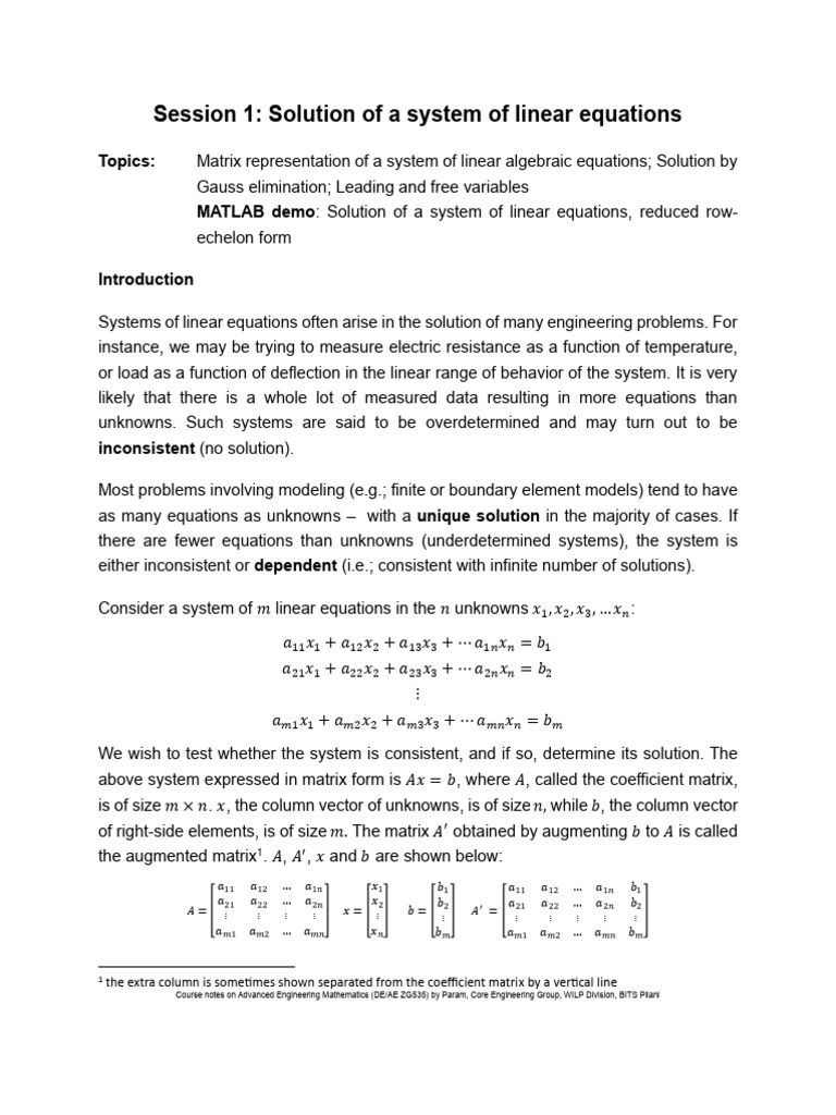 DE ZG535 (23-S2) - Session 1 (13 Jan 2024) | PDF | System Of Linear Equations | Matrix (Mathematics)