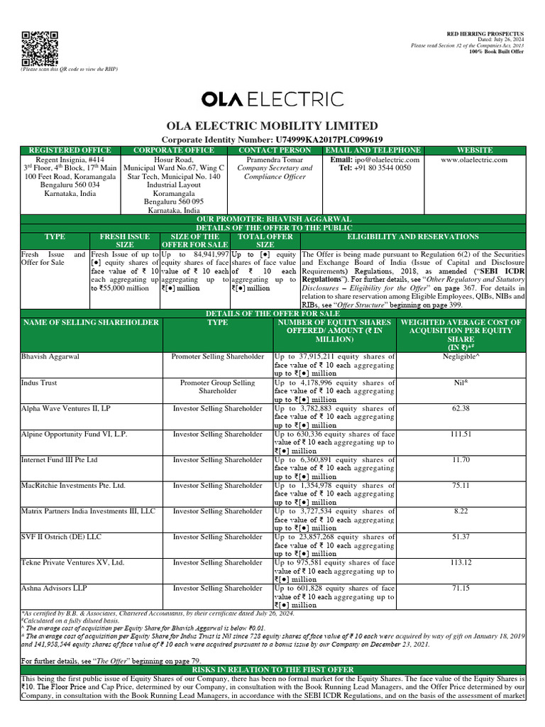 Ola Electric Mobility RHP Overview | PDF | Stocks | Investing