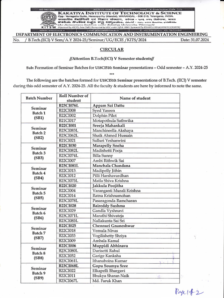 Seminar Batches for B.Tech ECI Students | PDF | Academia | Evaluation