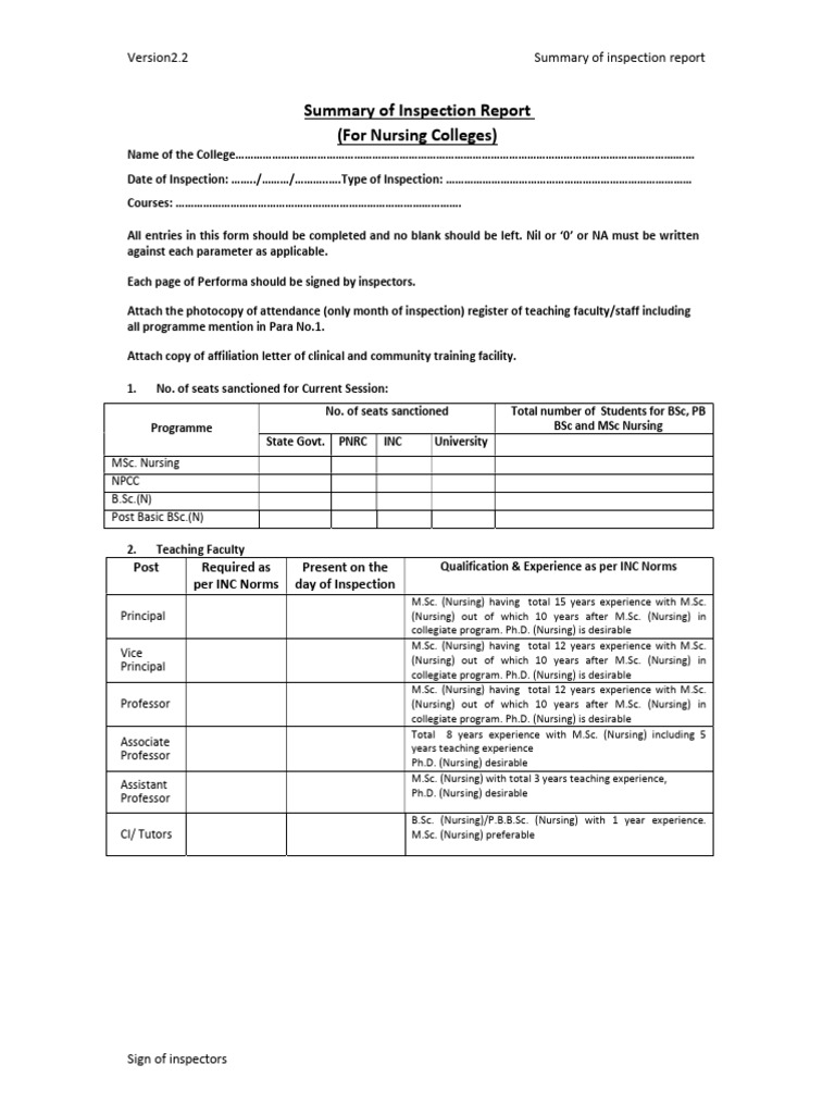 Summary of Inspection Report 2024 For Nursing Colleges PDF | PDF ...