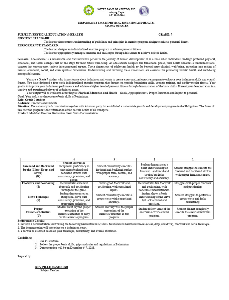 PE7 Performance Task Scenario | PDF | Physical Fitness | Physical Education