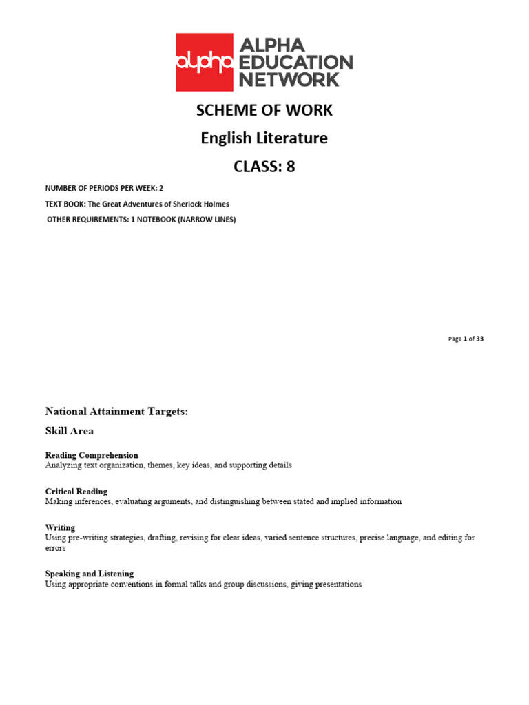 Grade 8 English Literature SOW | PDF | Sherlock Holmes | Reading ...