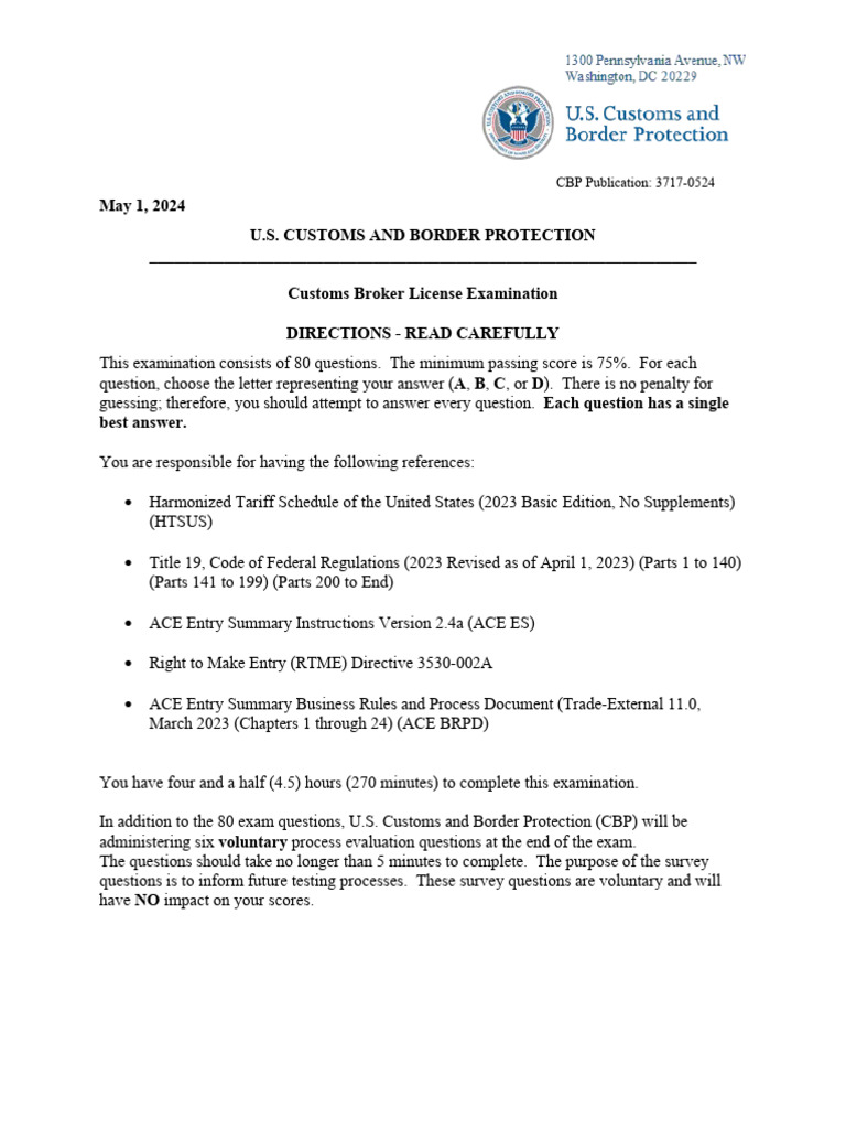 May 2024 Customs Broker License Exam 0 | PDF | Customs | U.S. Customs ...
