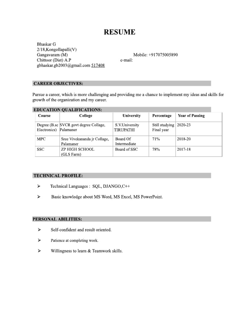 G. Bhaskar Resume | PDF