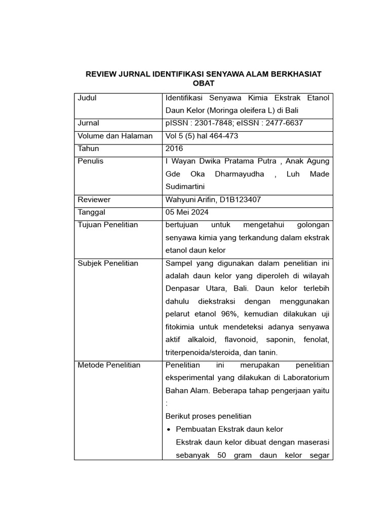Review Jurnal Identifikasi Senyawa Alam Berkhasiat Obat | PDF