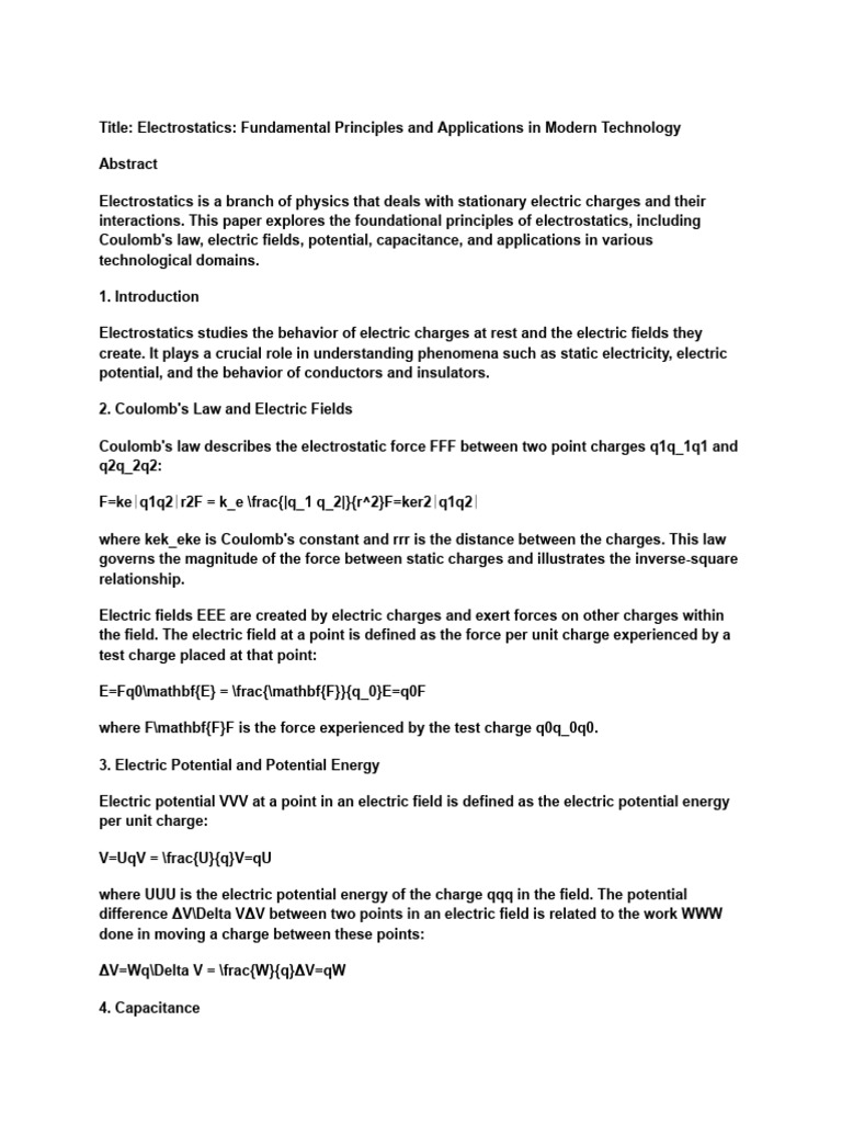 Electrostatics - Fundamental Principles and Applications in Modern ...