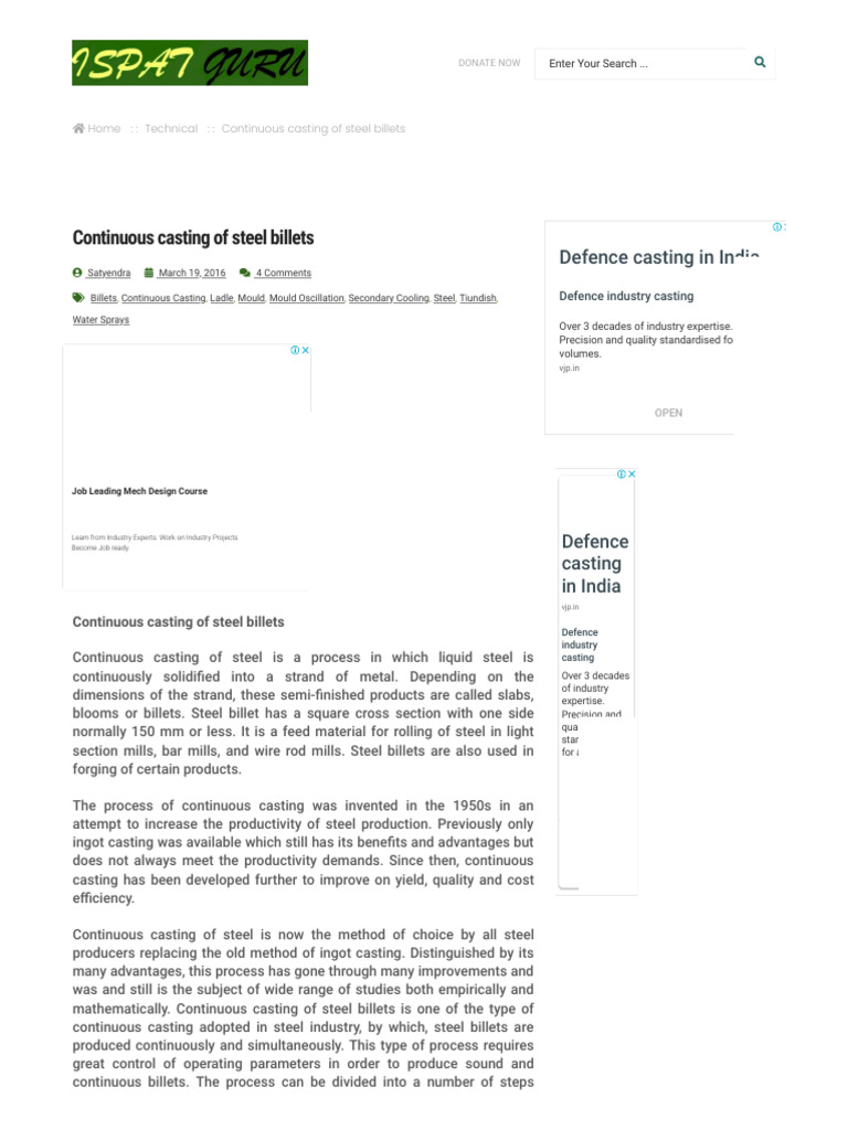 Continuous Casting of Steel Billets - IspatGuru | PDF | Steel | Steelmaking
