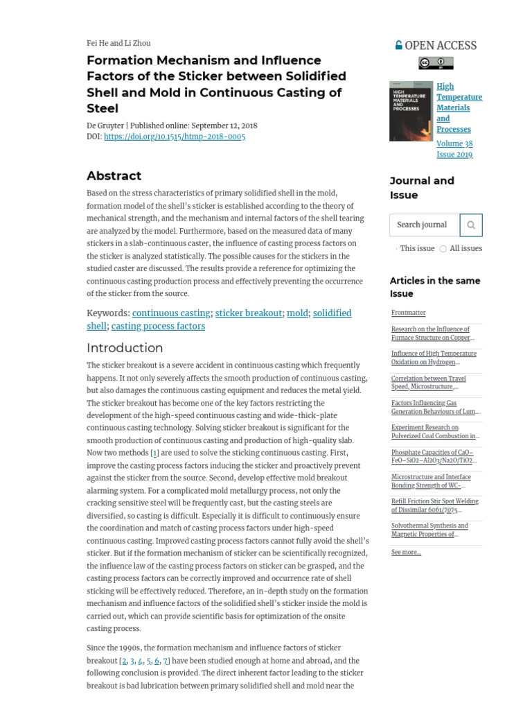 Formation Mechanism and Influence Factors of the Sticker between Solidified Shell and Mold in ...