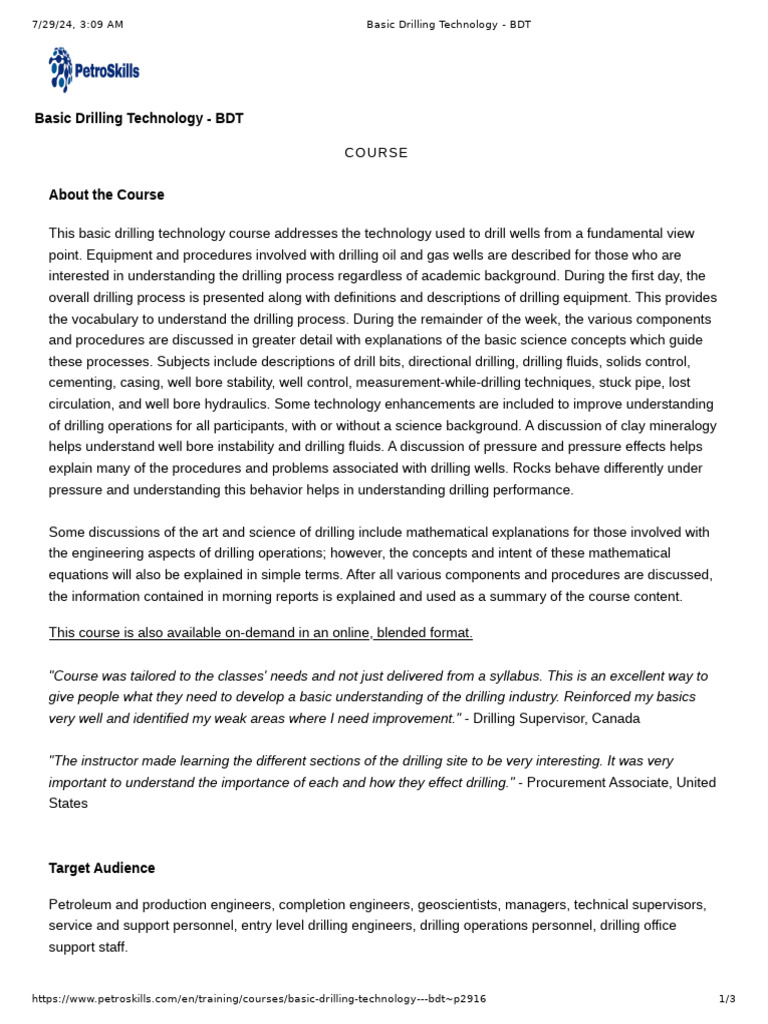 Course Basic Drilling Technology BDT | PDF | Oil Well | Drilling