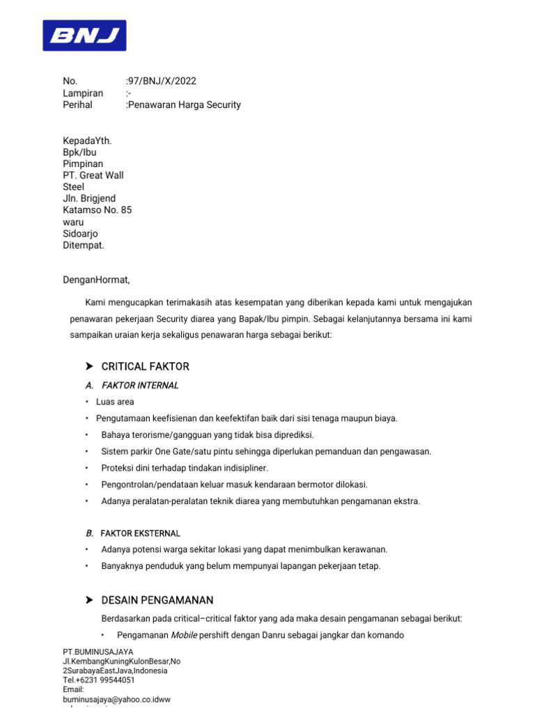 Penawaran Harga Security Pt. Great Wall Steel Sidoarjo 2022 | PDF