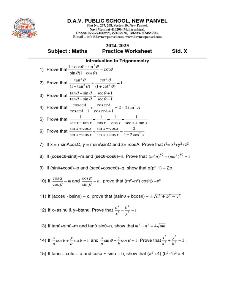 Practice Worksheet X Trigonometry | PDF | Elementary Geometry | Euclid