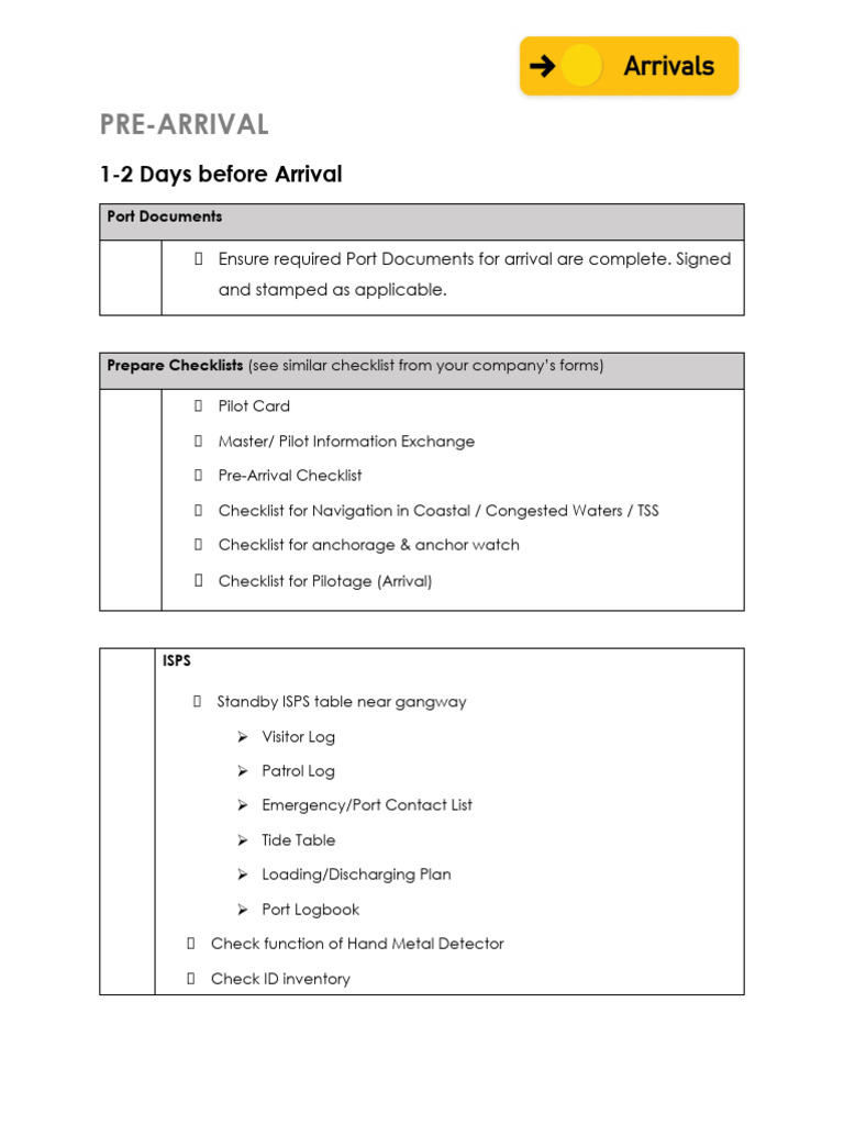 Pre-Arrival Checklist for Crew | PDF | Rudder | Shipping