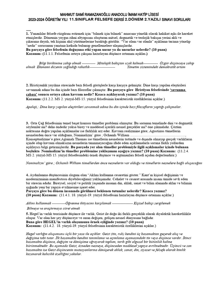 2023-2024 MSR 11.sınıf Felsefe 2.DÖNEM 2.yazılı 28 Mayıs 2024soru Cevap Özel | PDF