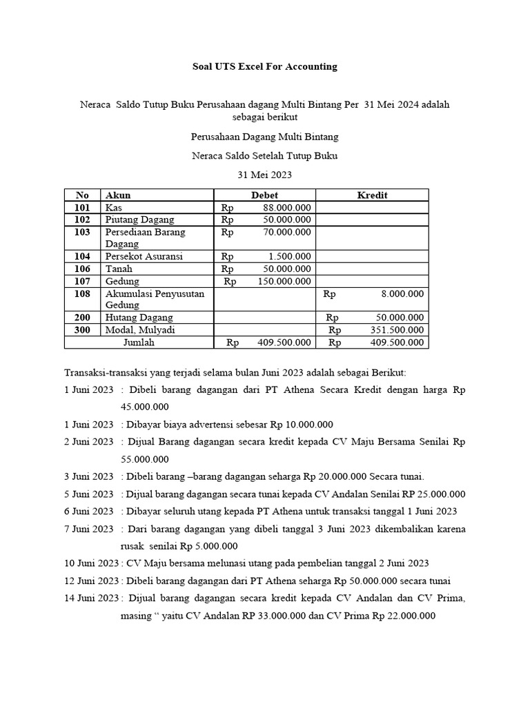 Soal UTS Excel For Accounting 2024 | PDF | Pengelolaan Keuangan & Uang