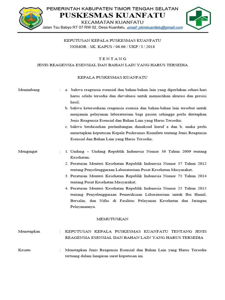 (08.06) SK Jenis Reagensia Esensial Dan Bahan Lain Yang Harus Tersedia ...
