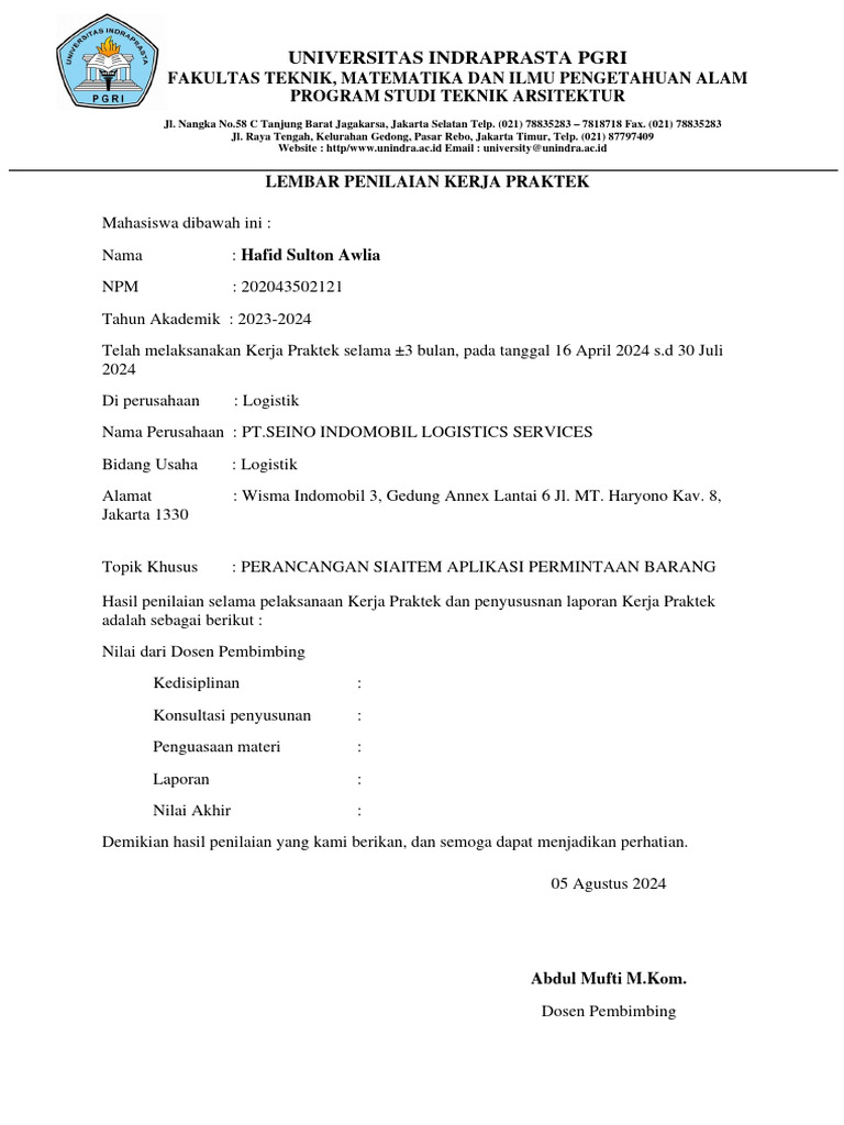 Penilaian Kerja Praktek Hafid 2024 | PDF