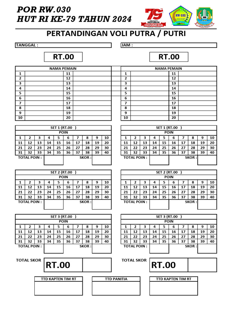 Score Sheet Voli Putra Putri POR RW030 HUT RI-79 2024 | PDF