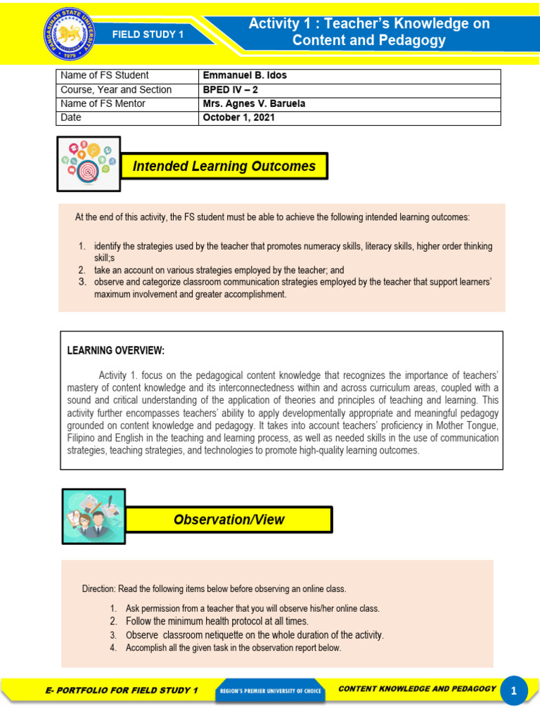 FS1-Activity-1-Emmanuel Idos-BPED IV - 2 | PDF | Learning | Teachers