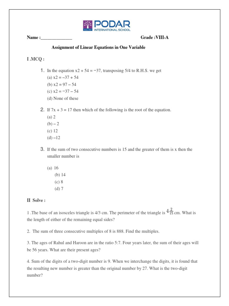 Assignment Class 8 Linear Equation | PDF | Equations | Mathematics