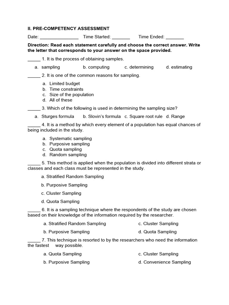 Pre-Competency Assessment | PDF | Sampling (Statistics) | Probability ...