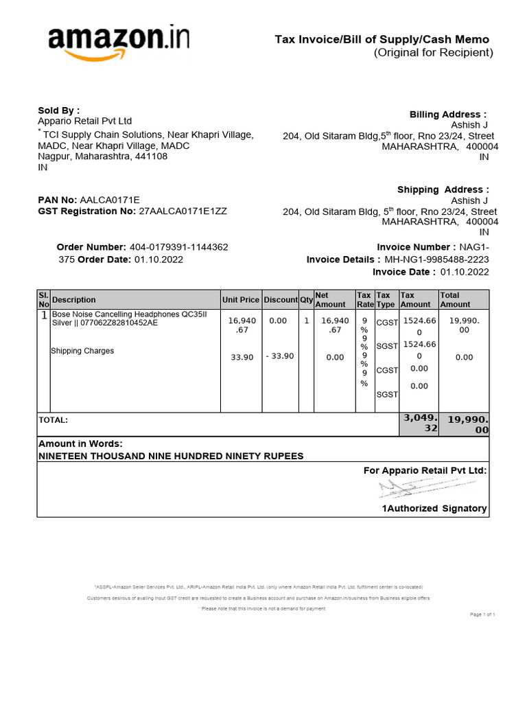 Bose Headphones Invoice - Appario Retail | PDF | Invoice | Economies