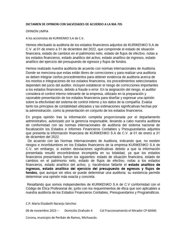 Dictamen de Opiniones Positia, Negativa, Son Salvedad y Sin Opinion ...