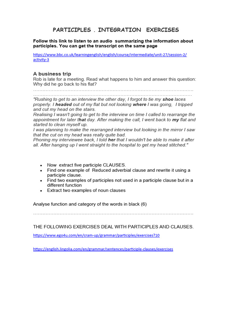 Participles. Integration Exercises | PDF