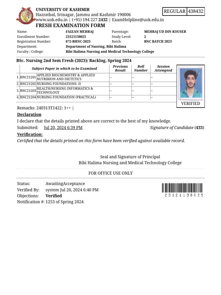 Examination Form Printout | PDF