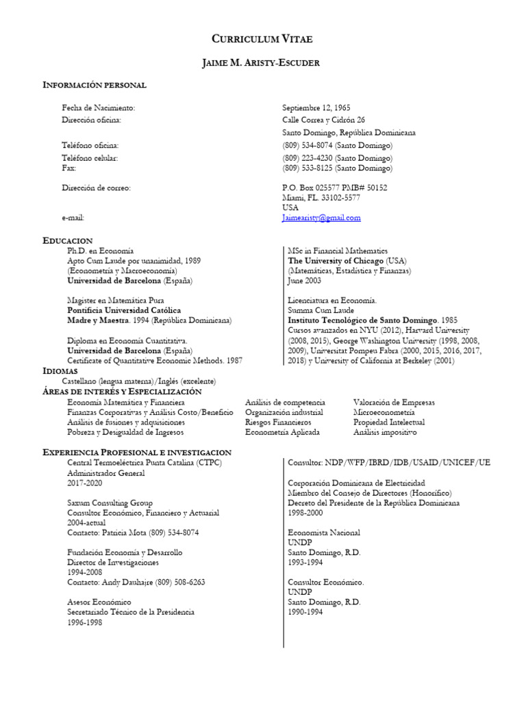 Curriculum Vitae Jaime Aristy | PDF | República Dominicana | Migración humana