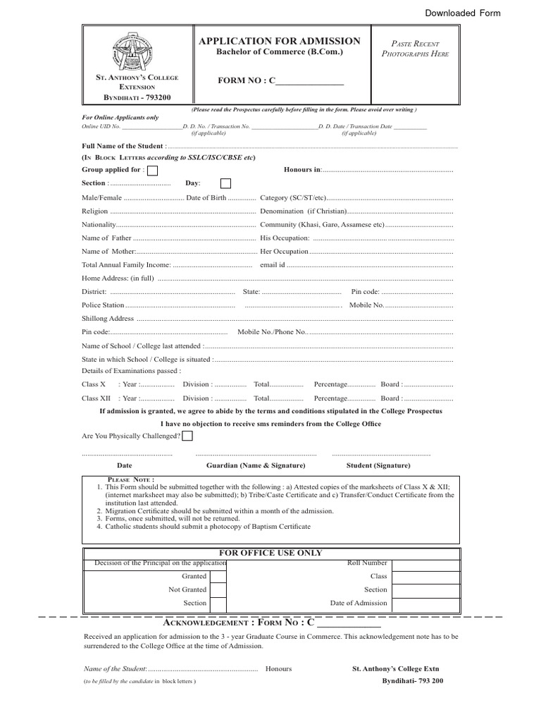 Application For Admission: S - A ' C E B - 793200 | PDF