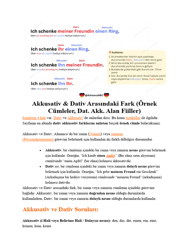 Akkusativ & Dativ Arasındaki Fark (Örnek Cümleler, Dat. Akk. Alan ...