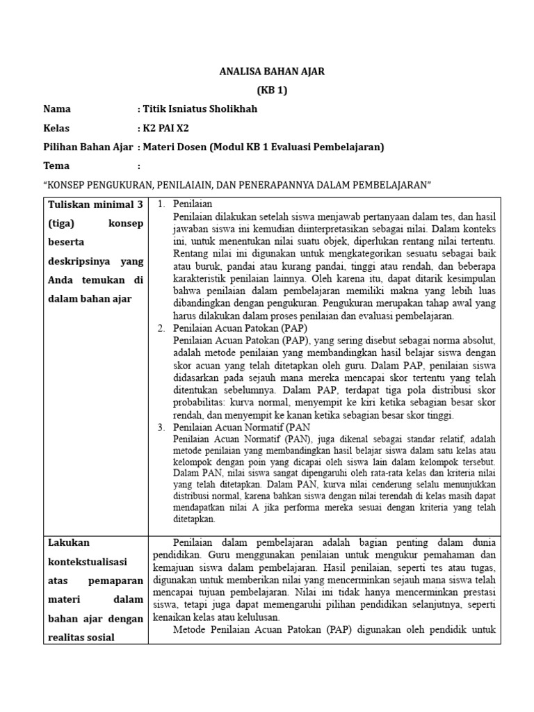 tugas analisa bahan ajar kb1 modul 10 | PDF