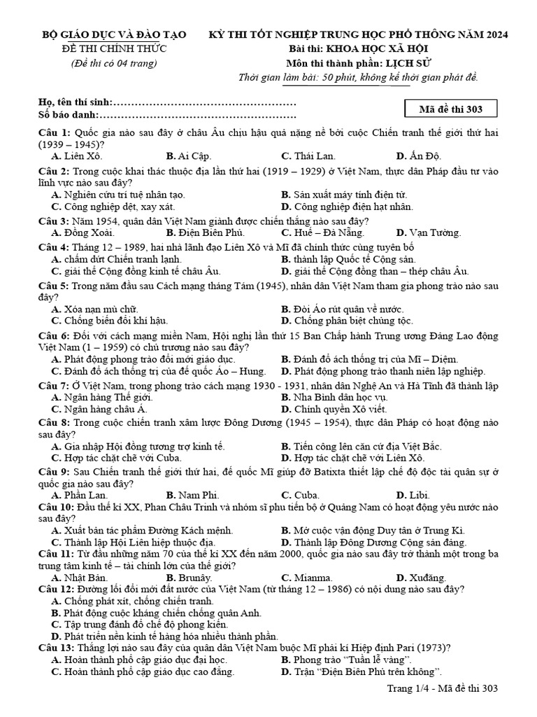 Mã đề thi 303 - A4 | PDF