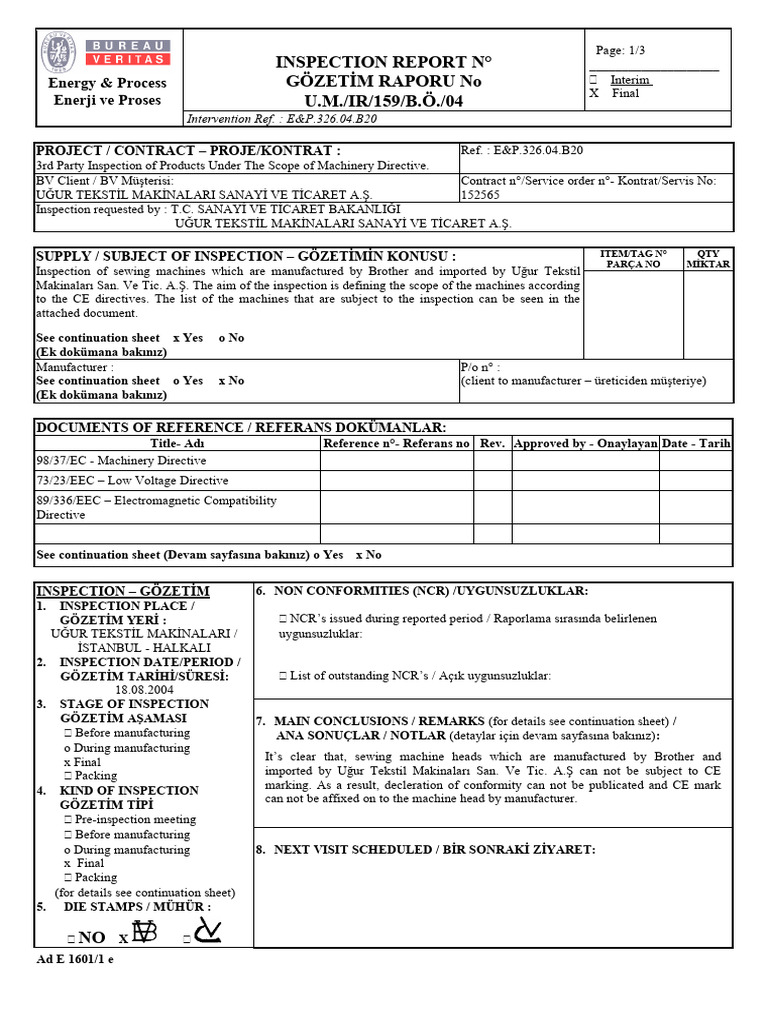 Final Inspection Report for Sewing Machines | PDF | Technology ...