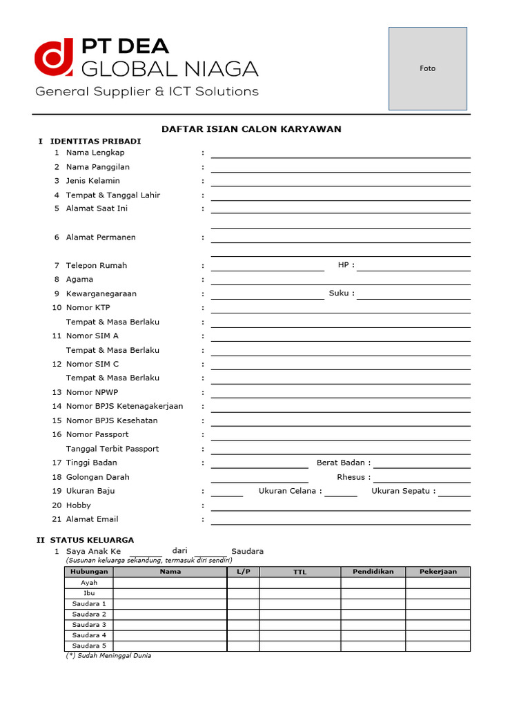 Form Isian Calon Karyawan Pt. Dea Global Niaga | PDF