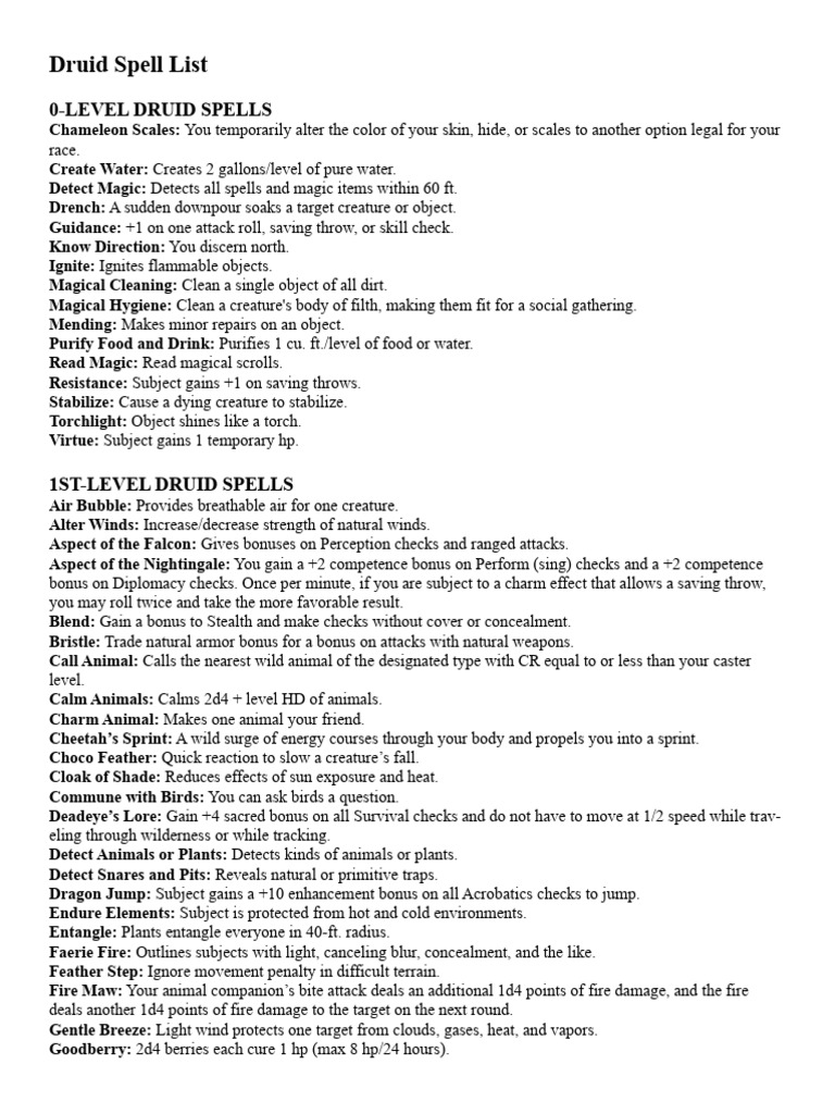 Druid Spell List | PDF | Wound | Water
