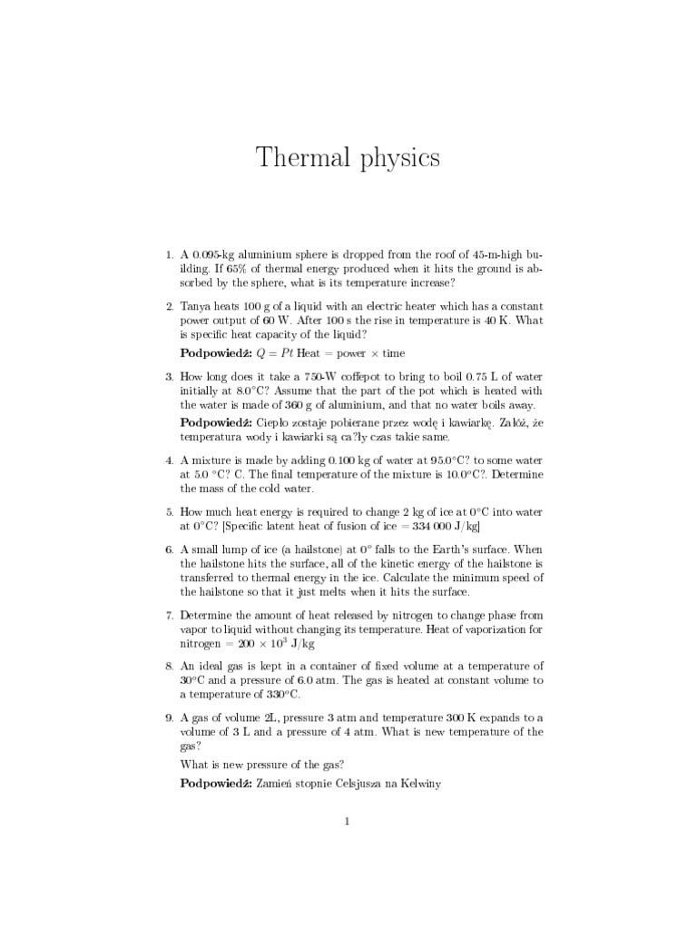 Thermal Physics - Zadania Powtórzeniowe | PDF | Science & Mathematics