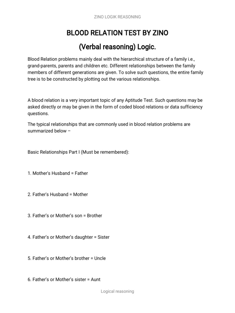 Blood Relation Test by Zino | PDF