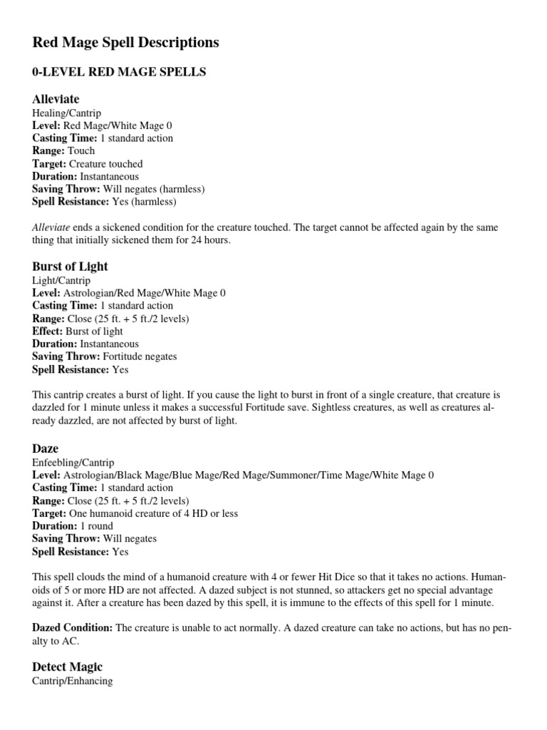 Red Mage Spell Descriptions | PDF | Magician (Fantasy)