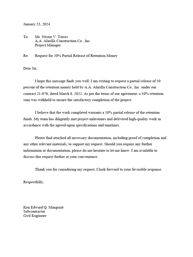 Partial Retention Release Letter | PDF