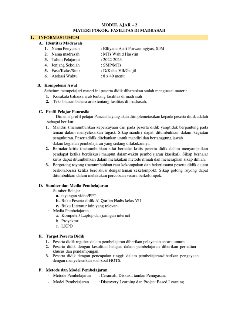 MODUL AJAR Bahasa Arab Kelas 8 | PDF | Karier & Perkembangan