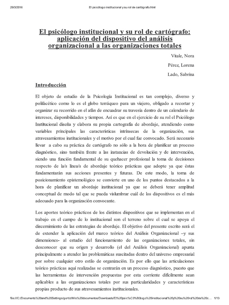 2.1. Vitale- Pérez, L- Lado. El Psicólogo Institucional y Su Rol de ...