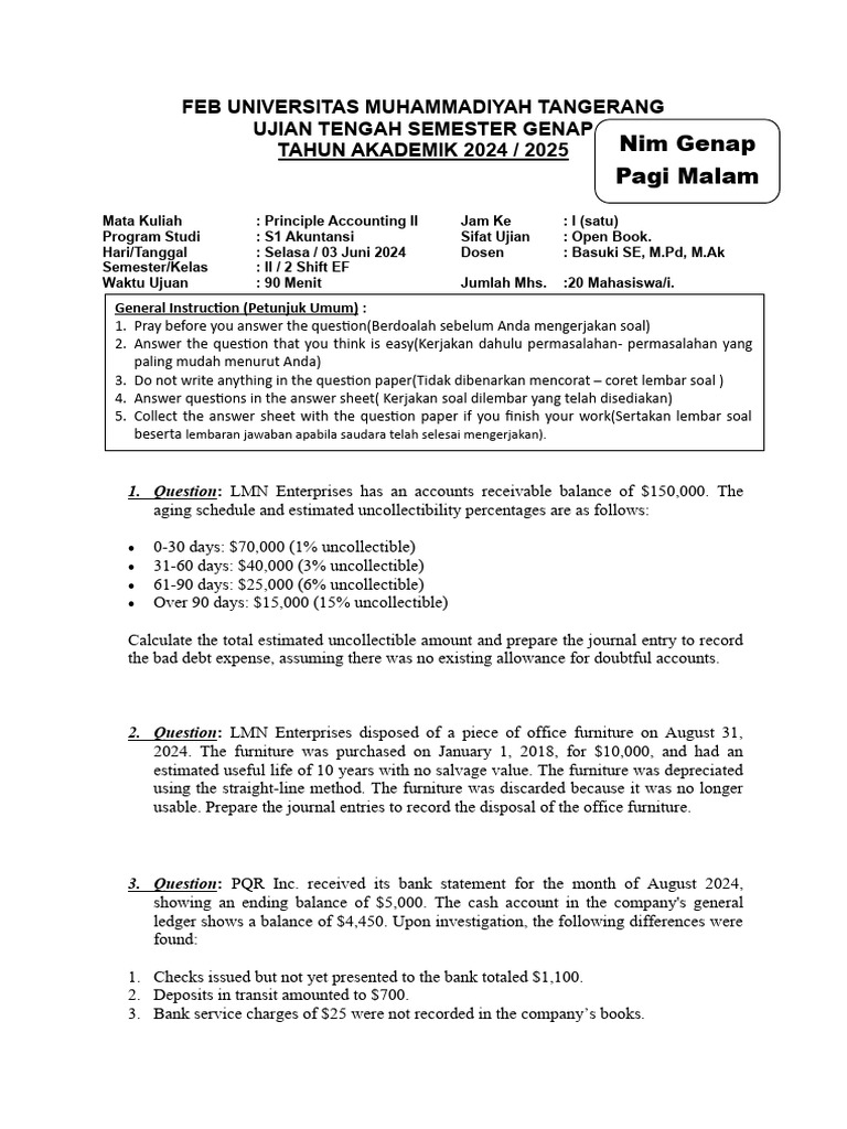 Soal UTS Juni 2024 Pengantar Akuntansi 2.PM | PDF | Depreciation | Banks