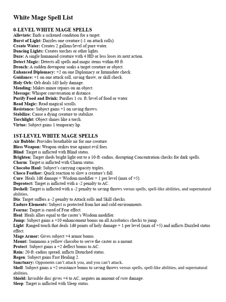 White Mage Spell List | PDF
