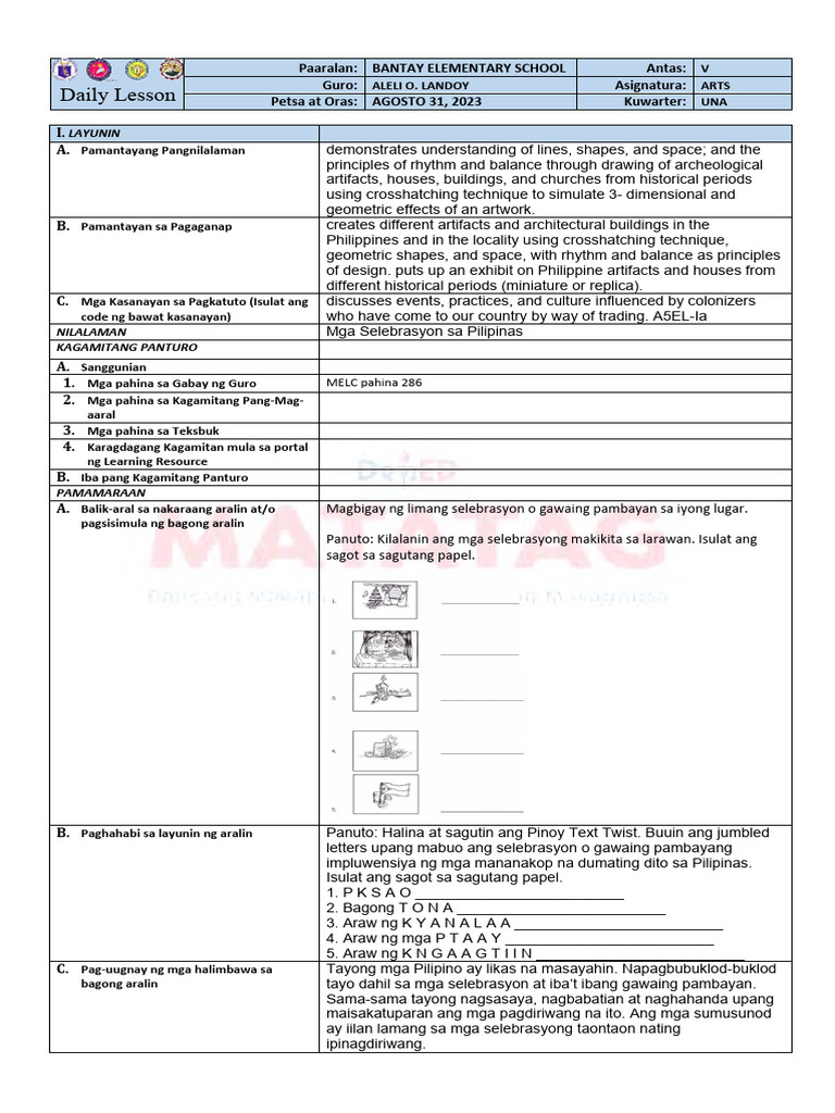 DLL Arts5 q1, w1, d3 | PDF