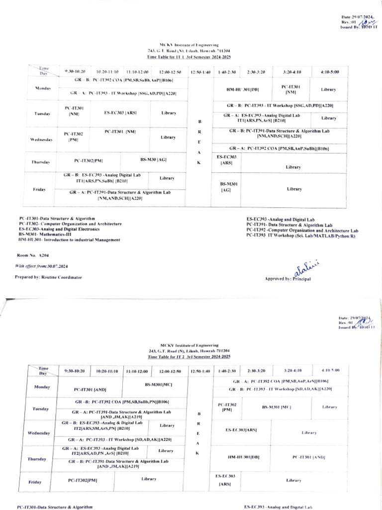 V1 - Time Table - Odd - Sem 2024-25 - IT - 3rd - 5th - 7thsemester - AIML - 7thsemester | PDF