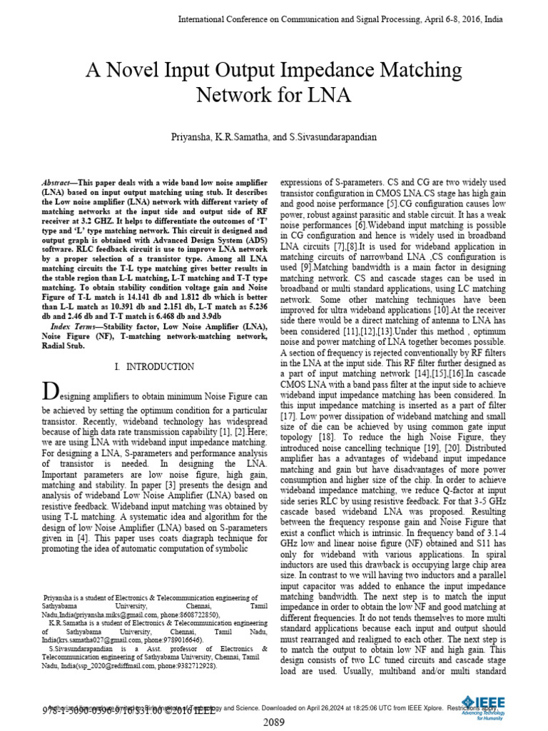 A Novel Input Output Impedance Matching Network For Lna Pdf Amplifier Electrical Engineering