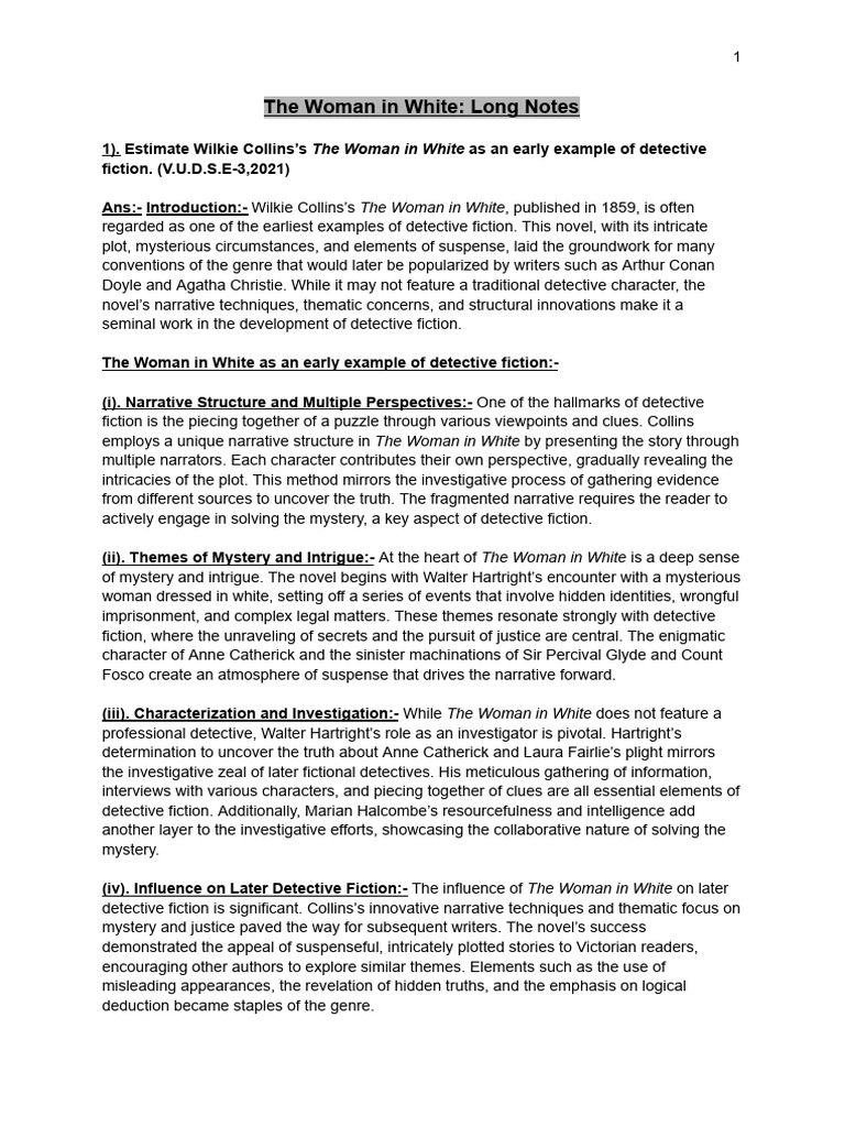 The Woman in White - Long Notes | PDF | The Woman In White (Novel ...